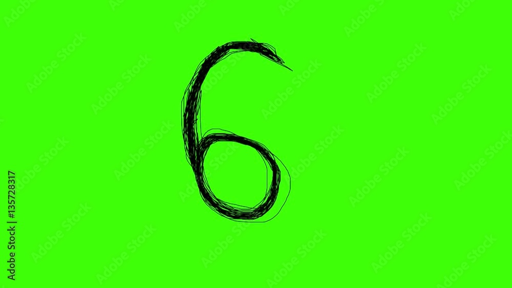 Handwritten number 6 (six) on green screen background. Doodle style ...