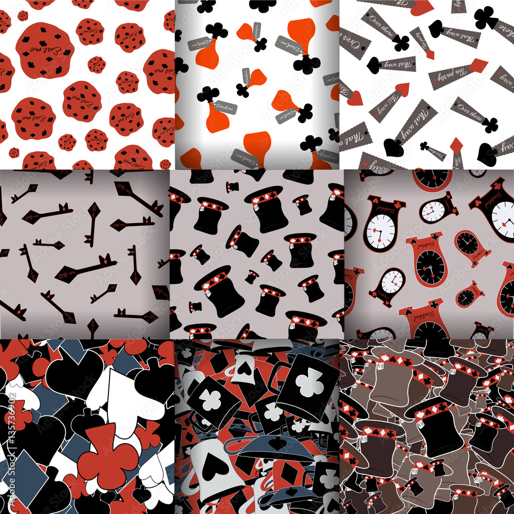 Vecteur Stock Set of Seamless patterns from Alice in Wonderland. Tea ...