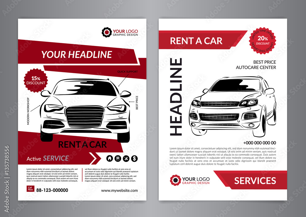 Set A4 rent a car business flyer template. Auto service Brochure ...