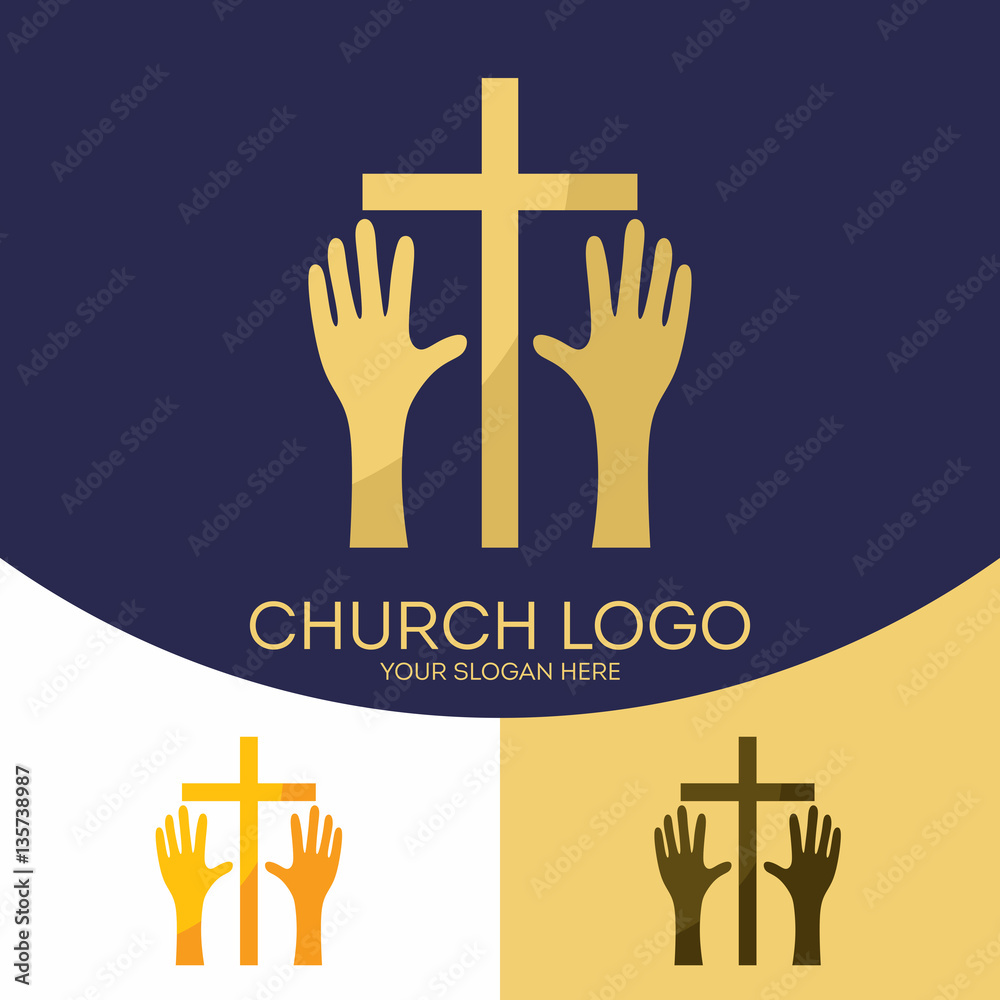 Church logo. Christian symbols. The cross of Jesus Christ, the hands ...