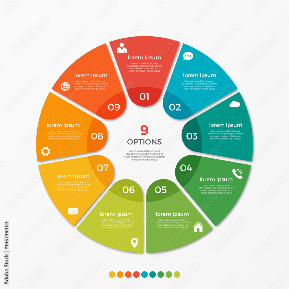 Circle chart infographic template with 9 options for presentations ...