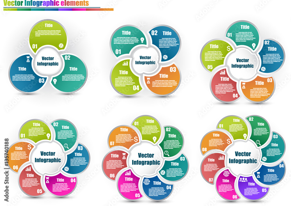 Set of circle infographic templates same style with 3-8 steps and ...