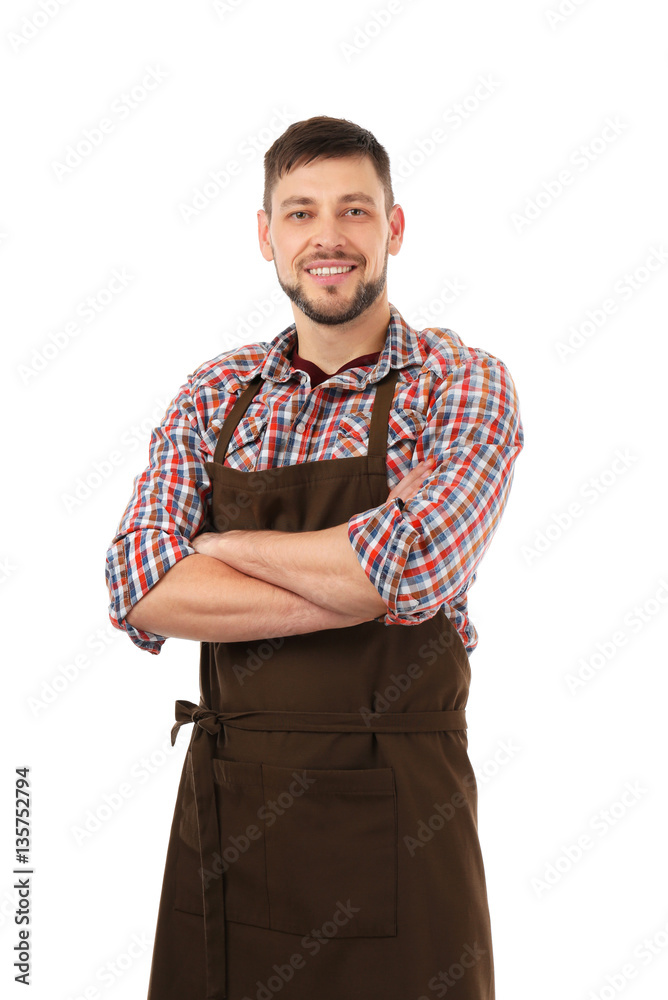 Handsome man in apron isolated on white background 스톡 사진 | Adobe Stock