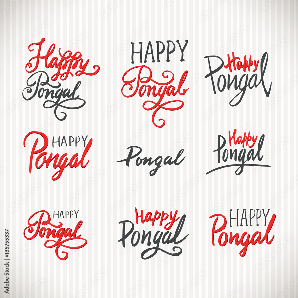 Happy Pongal holiday hand written lettering, vintage style labels ...