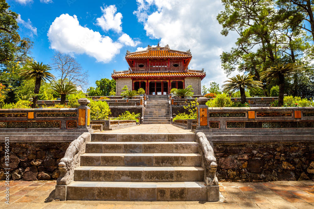 Minh Lau pavilion and Trung Dao bridge at Minh Mang Emperor Tomb in Hue ...