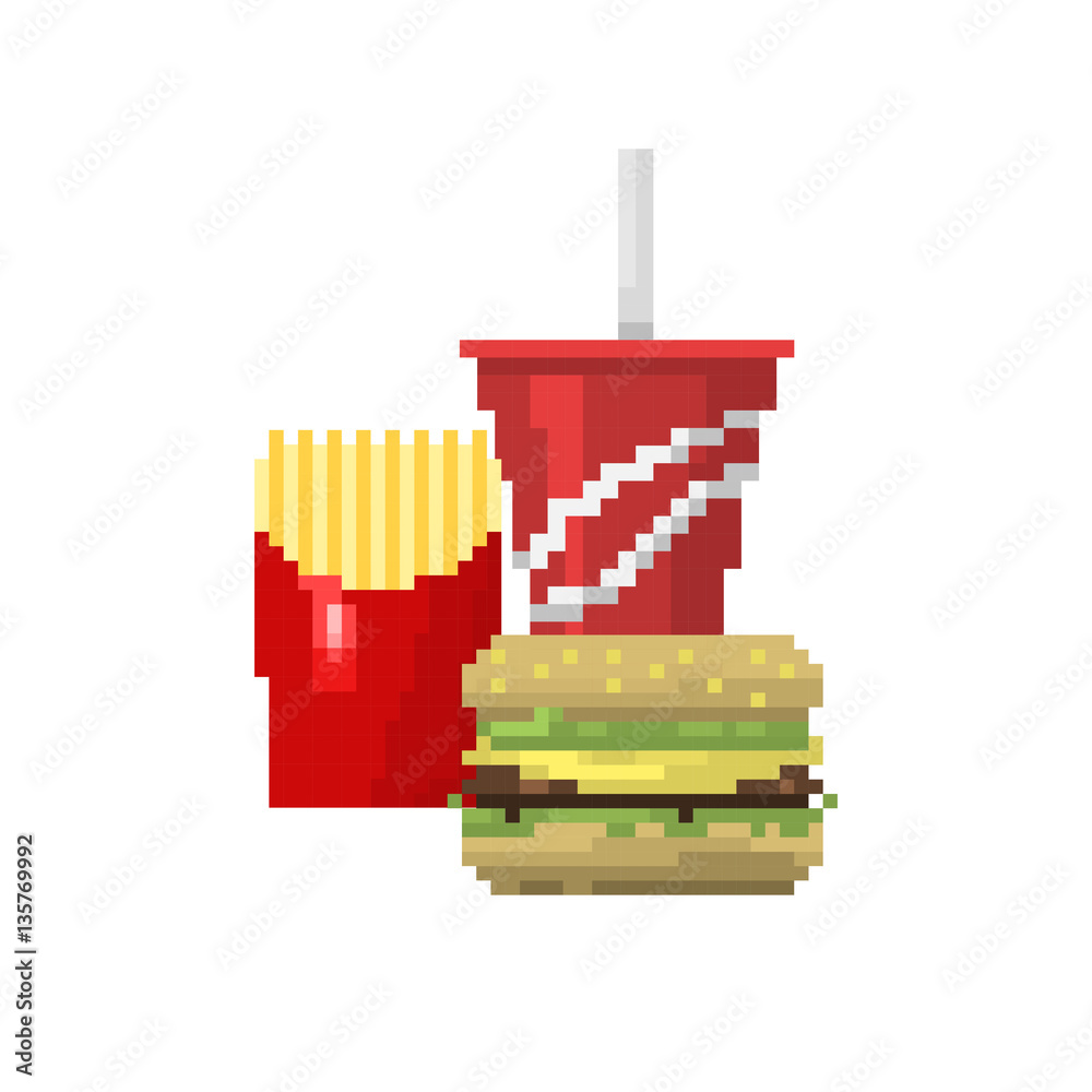 Pixel art fast food hamburger and cola icons vector. Stock Vector ...