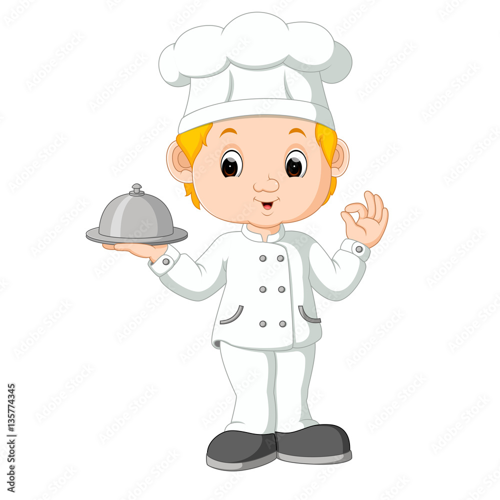 Cartoon funny chef holding a silver platter Stock Vector | Adobe Stock