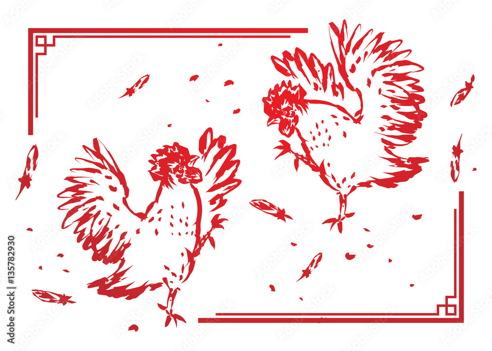 Rooster chickens fighting illustration ink brush stroke design in ...