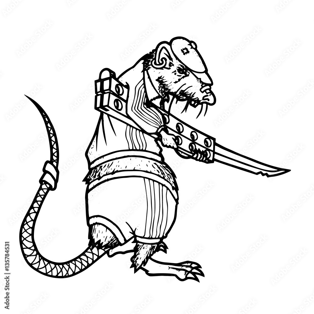 cartoon rat with knife character vector line art illustration Stock ...
