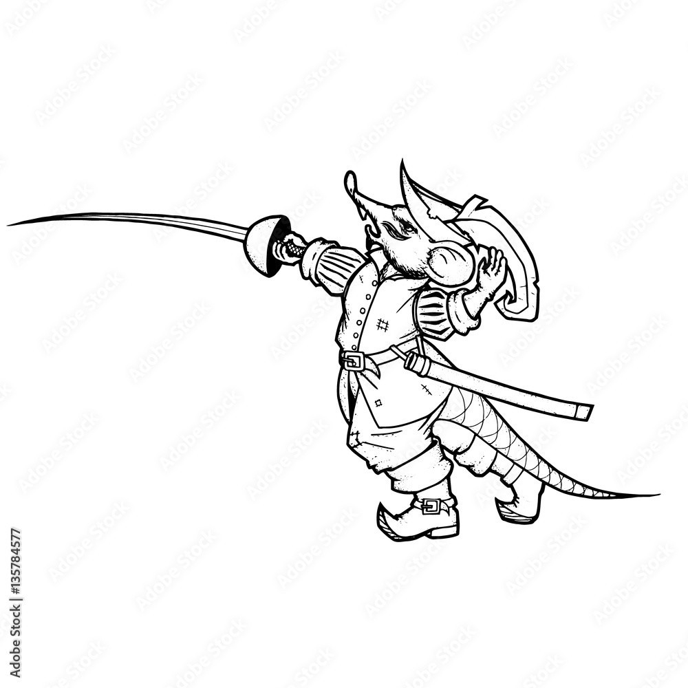 cartoon mouse swordsman character vector line art illustration Stock ...