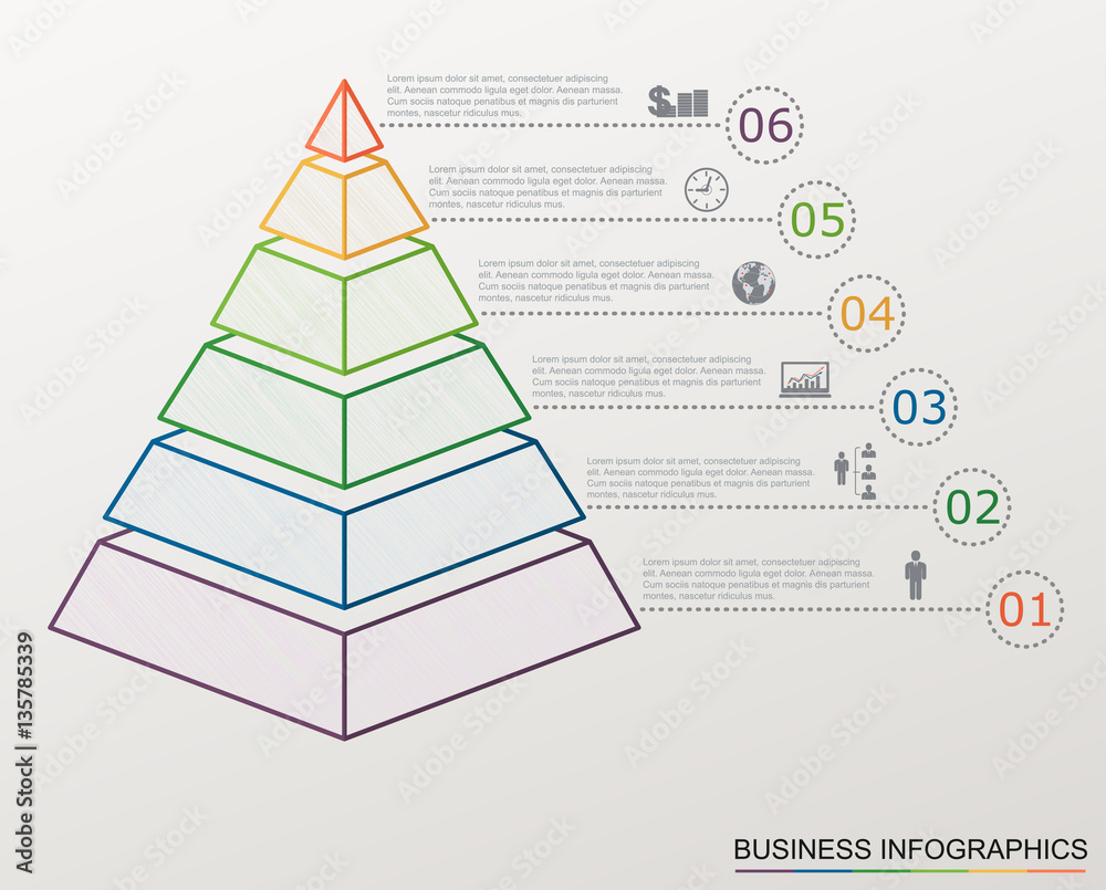 Infographic pyramid with numbers and business icons, line style ...