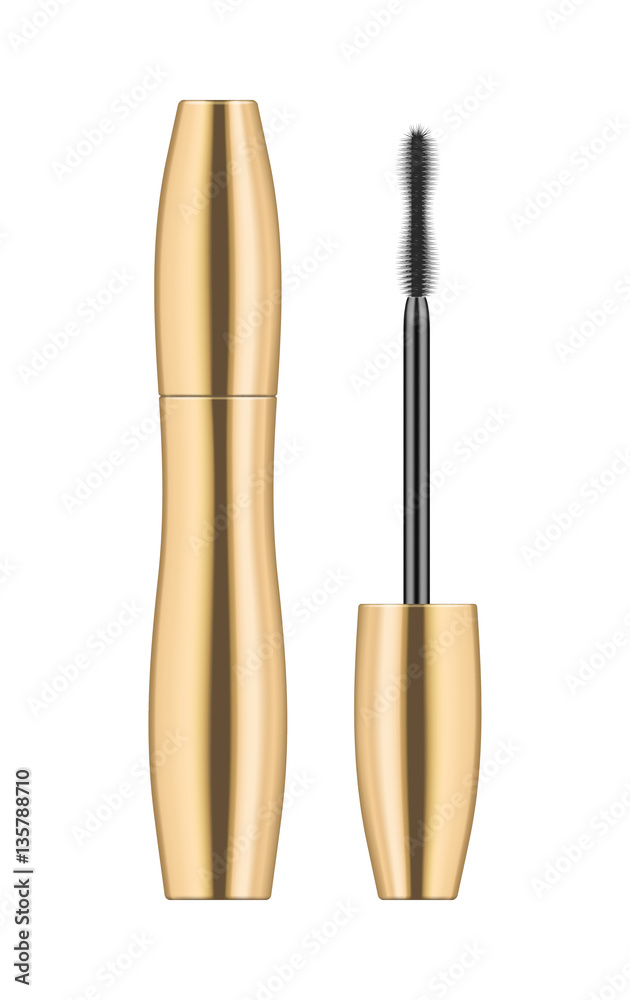 Realistic gold metallic tube with mascara and brush. 3d package ...