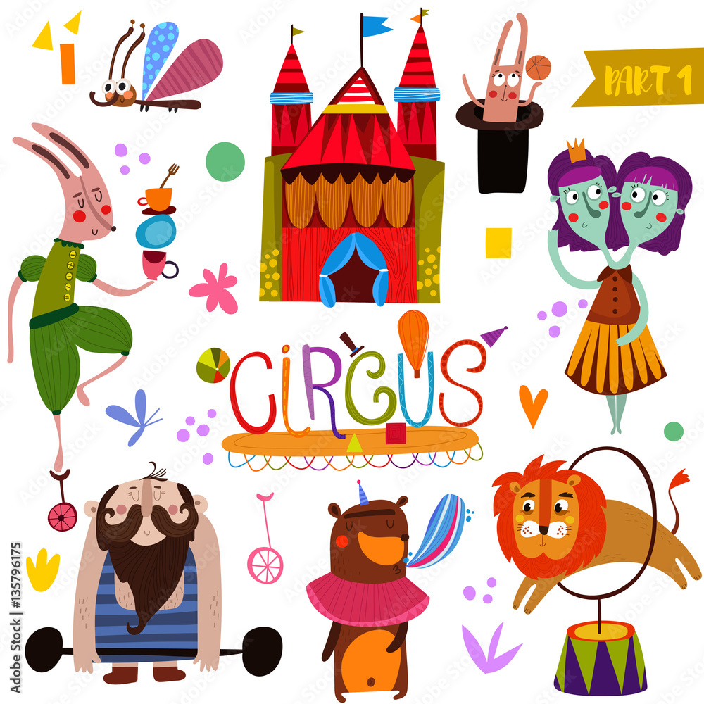Circus collection with actors and animals in cartoon style. Stock ...