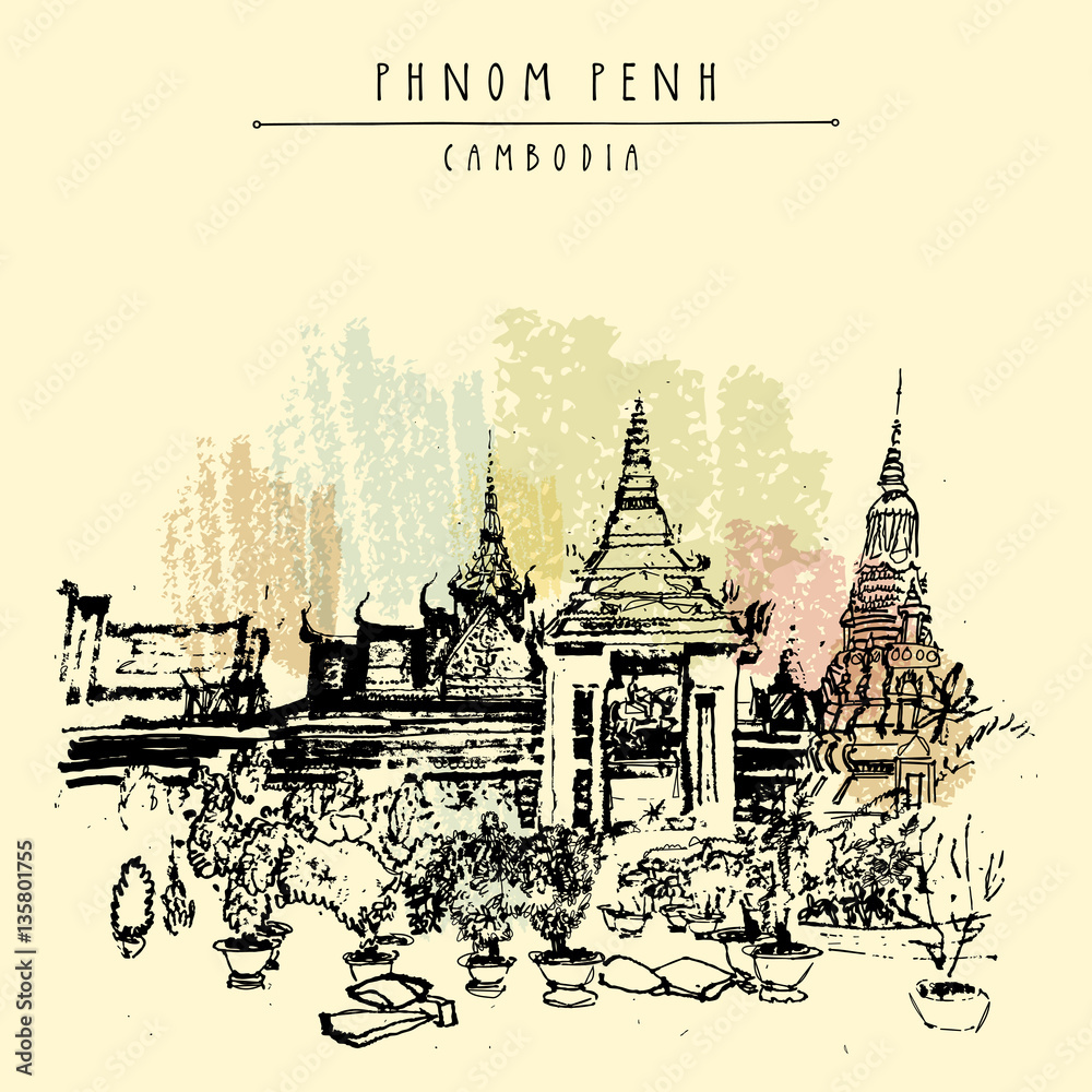 Phnom Penh, Cambodia. Garden and Buddhist temples at Cambodian King's ...