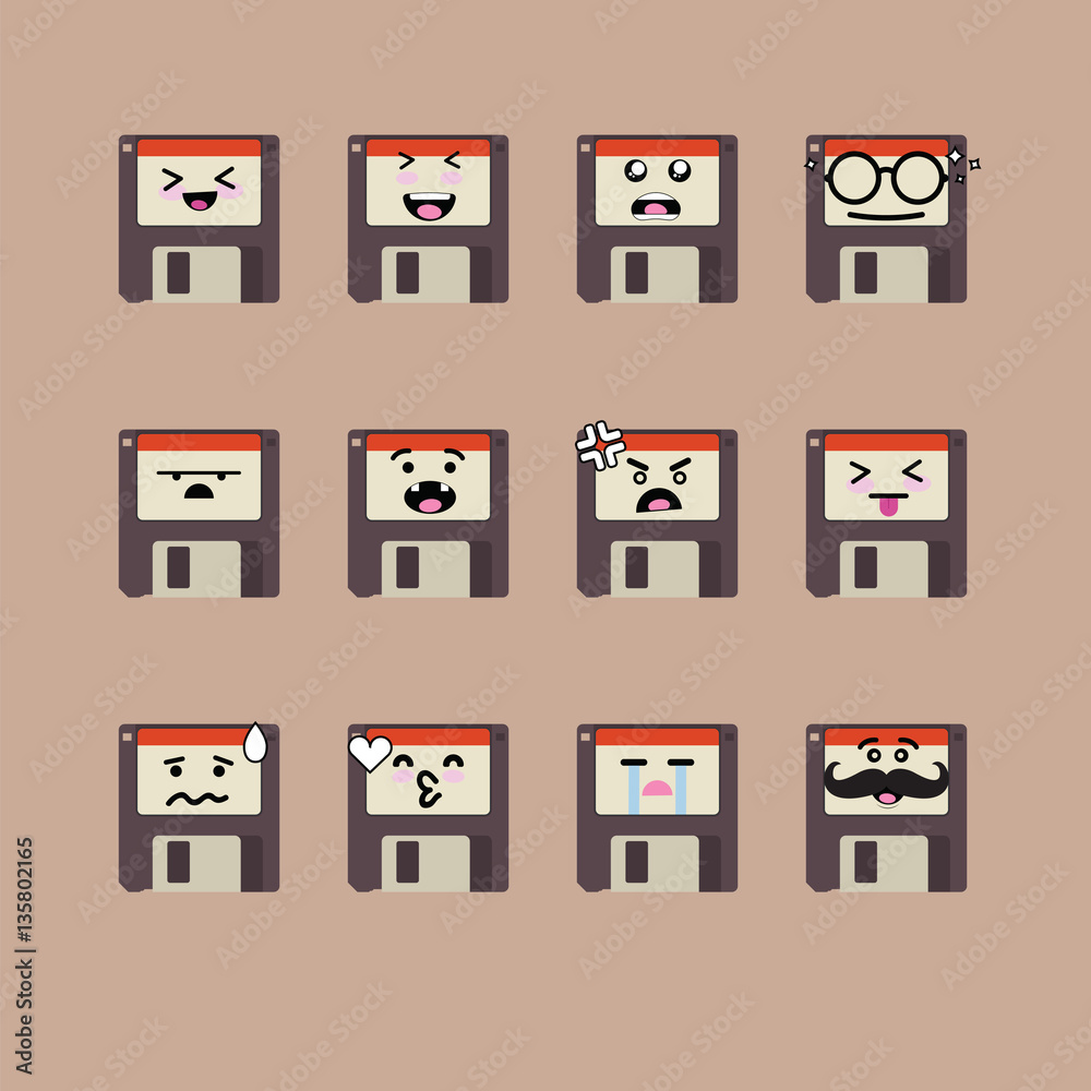 Smile emoji emoticon face in floppy disk with a lot of variation Stock ...