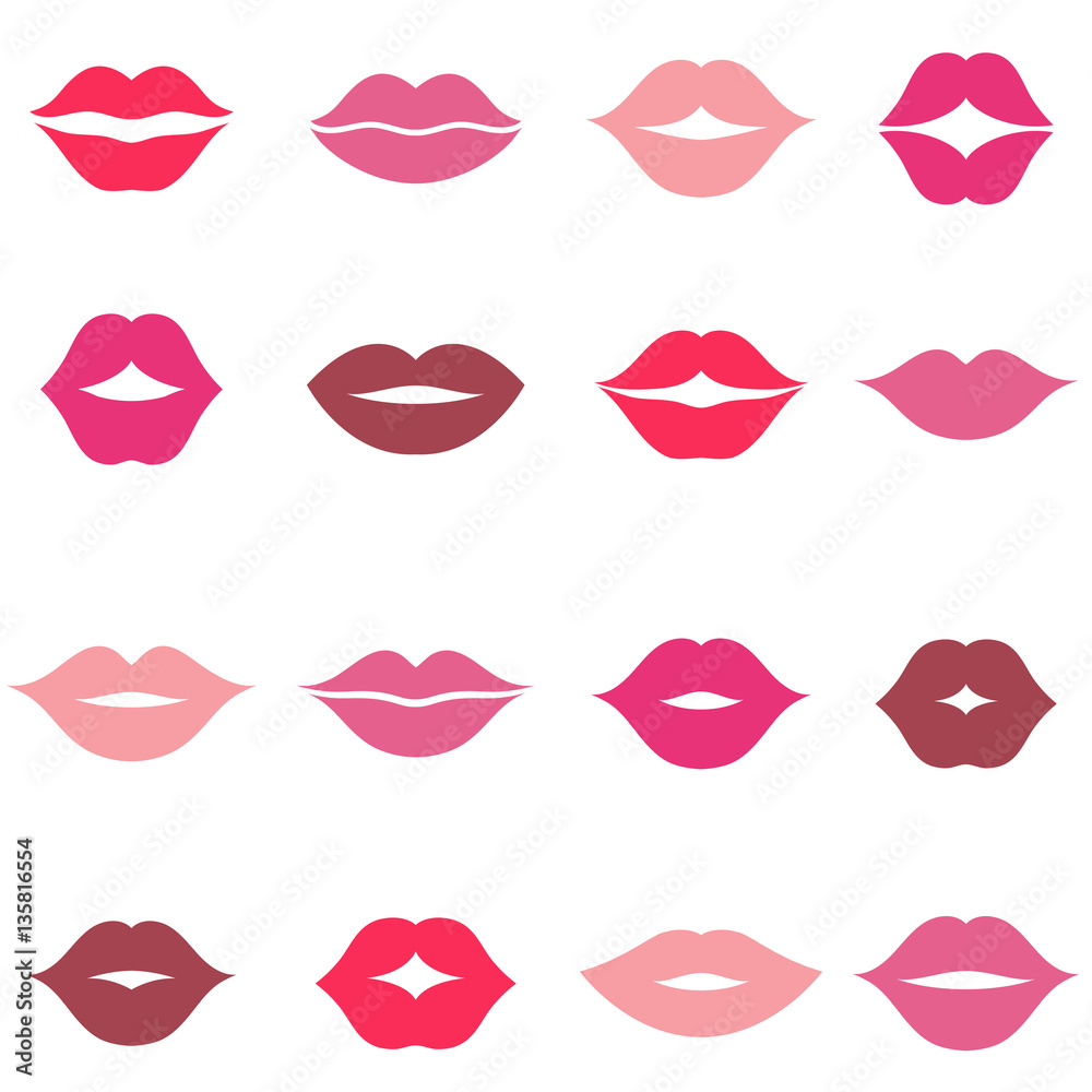 Set of pink and red women lips icons isolated on white Stock Vector ...