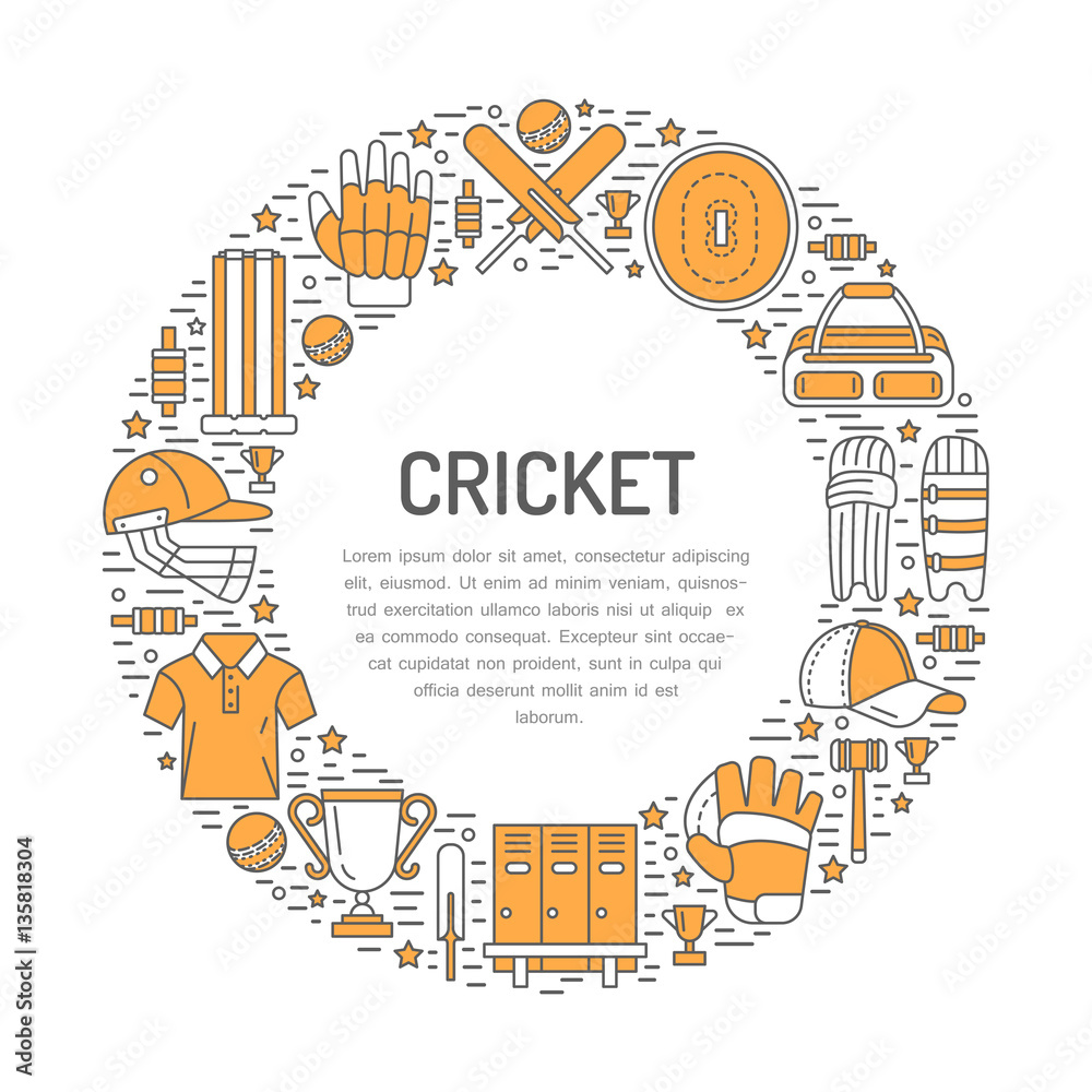 Cricket banner with line icons of ball, bat, field, wicket, helmet ...