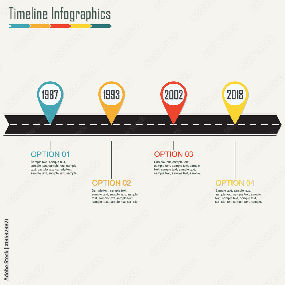 Timeline Infographics template with arrow from asphalt road. Horizontal ...