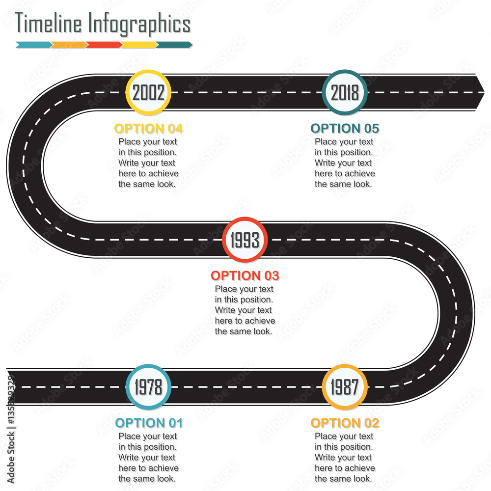 Timeline infographics template with arrow from the asphalt winding road ...