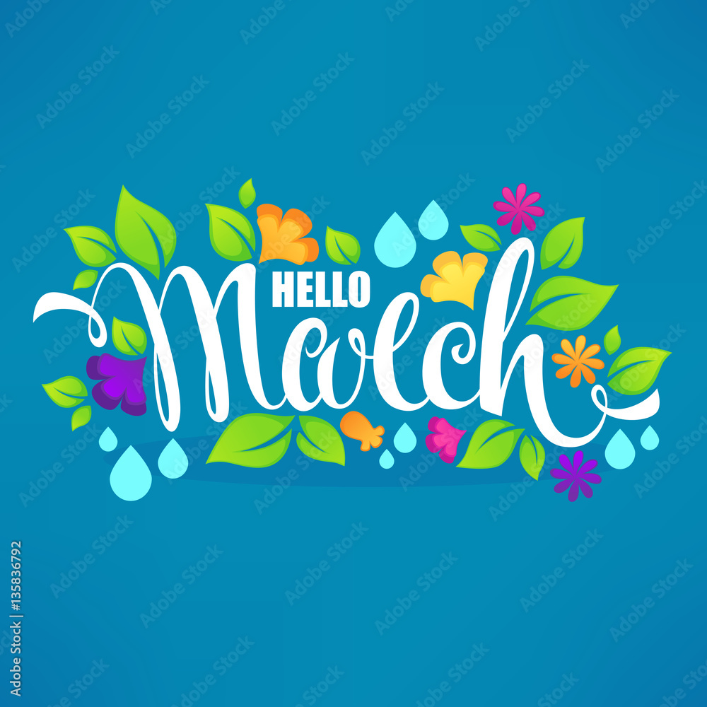Hello March, vector banner design template with images of green Stock ...