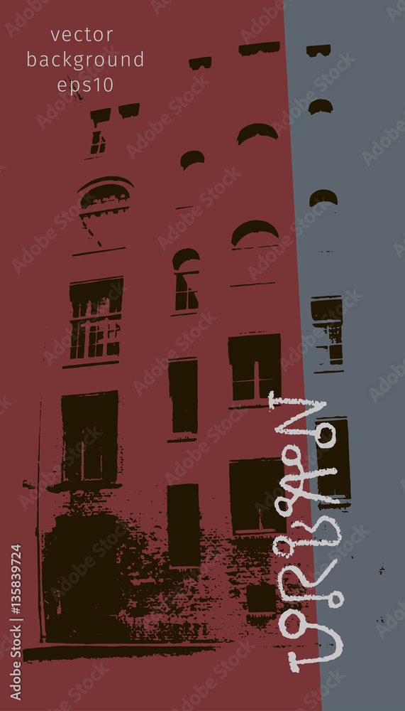 Vector urban image with bright spots and lighting in windows. Grunge ...