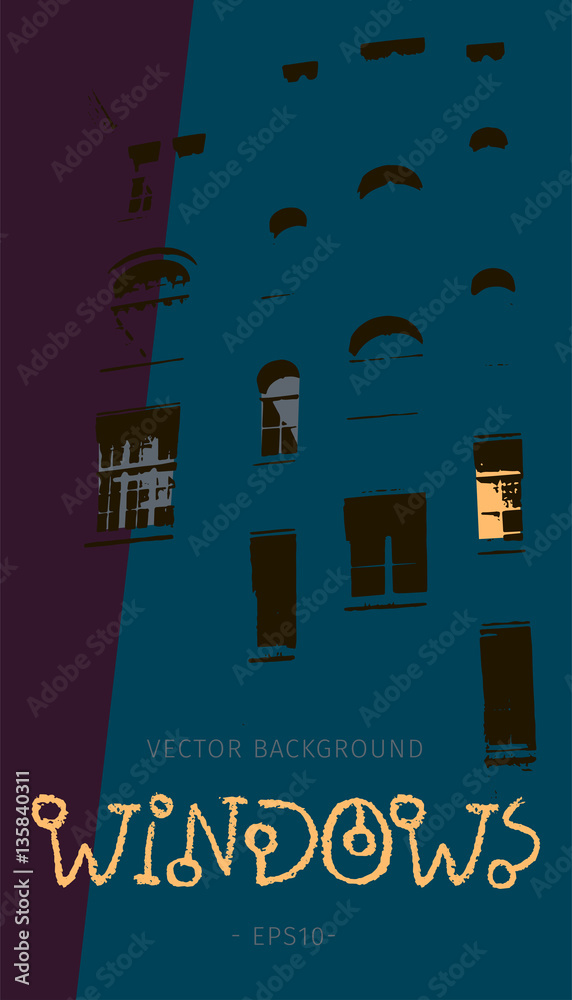 Vector urban image with bright spots and lighting in windows. Grunge ...