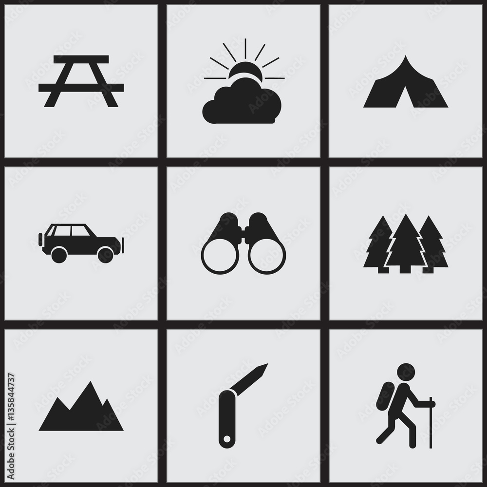 Set Of 9 Editable Camping Icons. Includes Symbols Such As Field Glasses ...