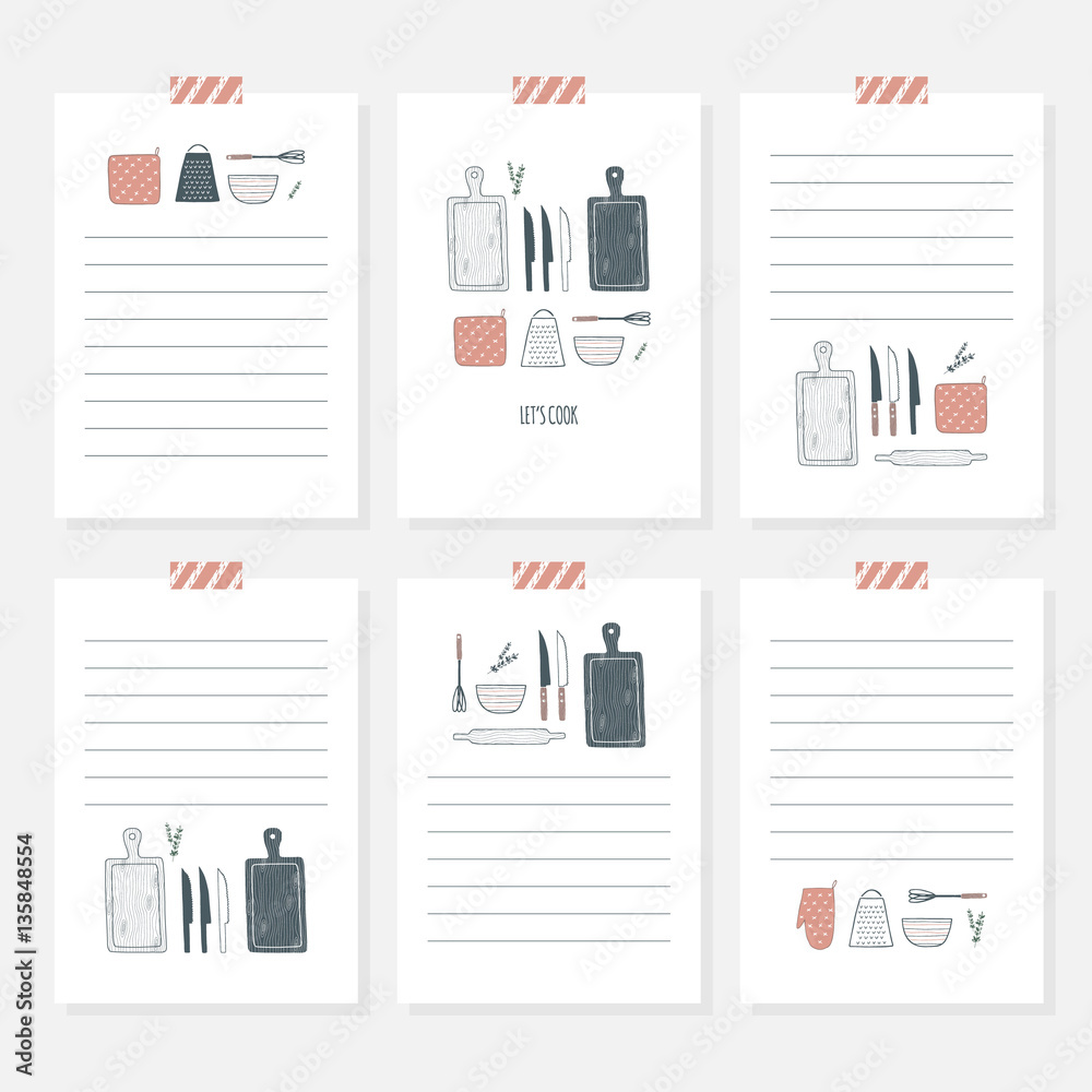 Recipe cards. Cooking card template set. Hand drawn culinary notes with ...