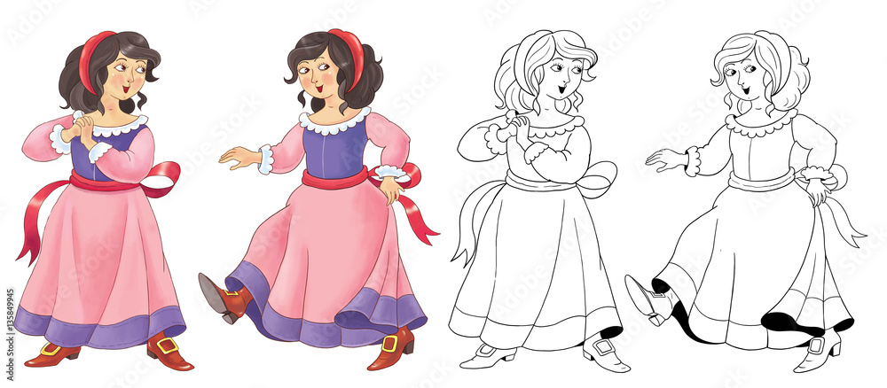 Snow White and seven dwarfs. Fairy tale. Coloring page. Illustration ...