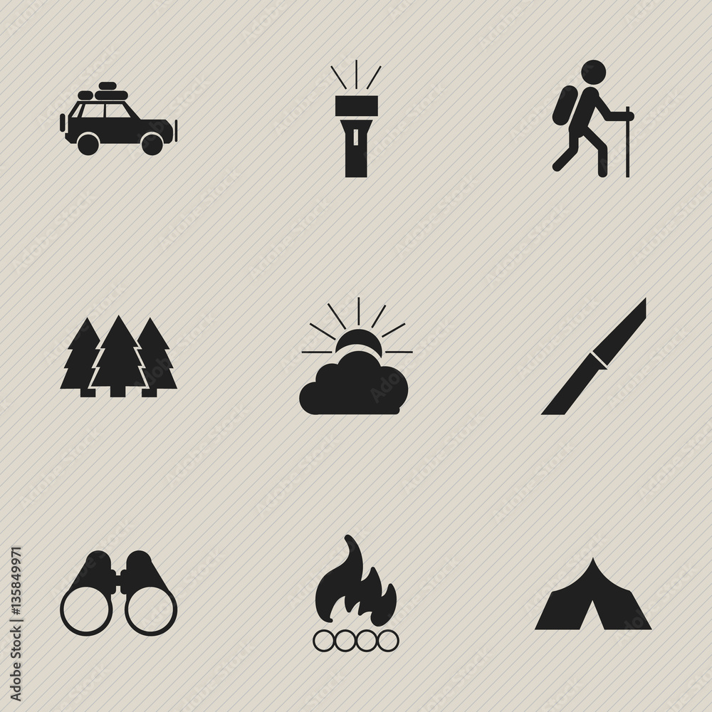 Set Of 9 Editable Camping Icons. Includes Symbols Such As Blaze, Gait ...