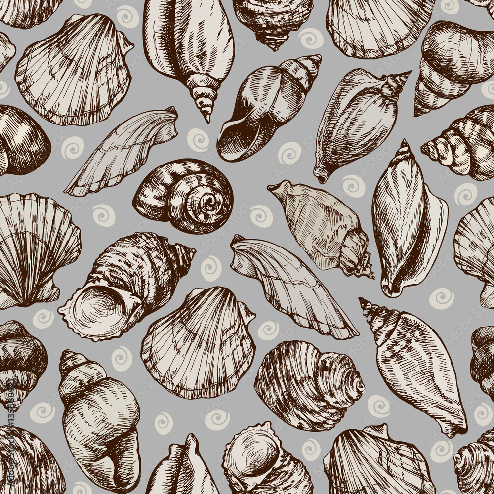 Vector seamless vintage sketch of seashells isolated on white ...