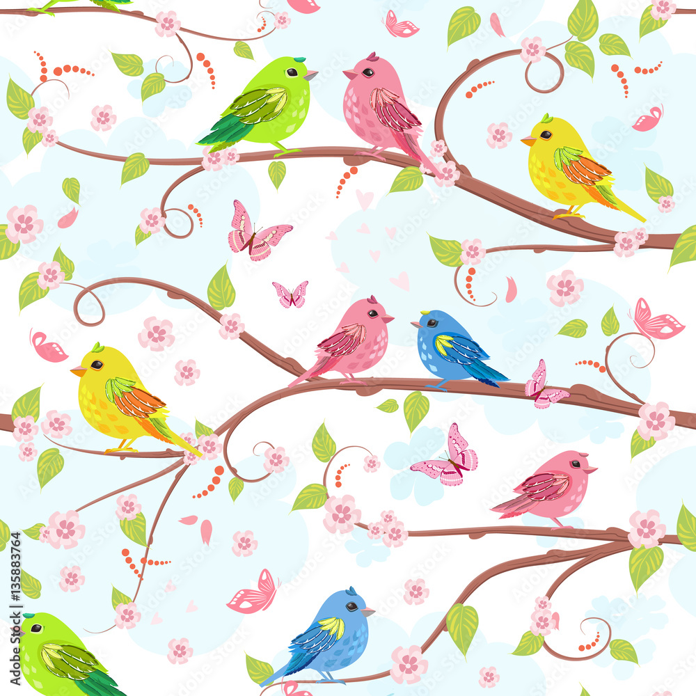 cute seamless texture with pretty birds on branch of sakura. lov Stock ...
