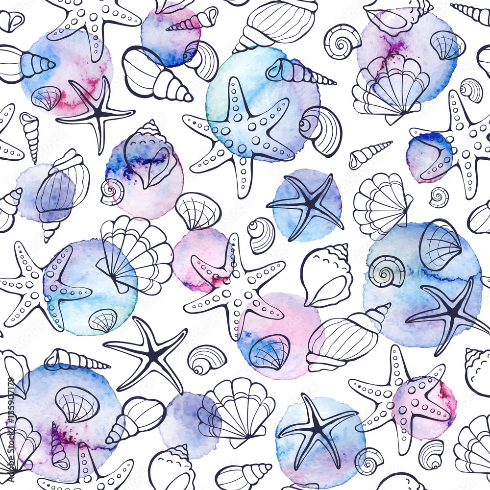 Marine seamless pattern from hand drawn sea shells and stars. Nautical ...
