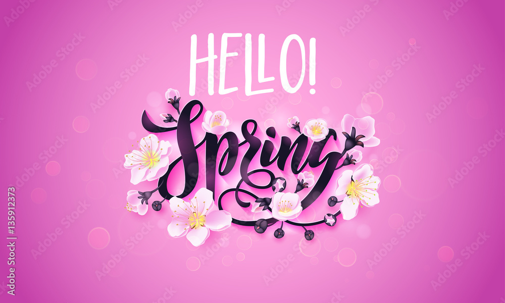 Hello spring flower cherry blossom vector poster Stock-Vektorgrafik ...