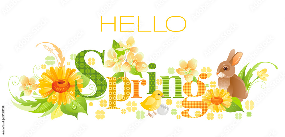 Hello Spring text lettering logo. Easter bunny icon, chicken, egg ...