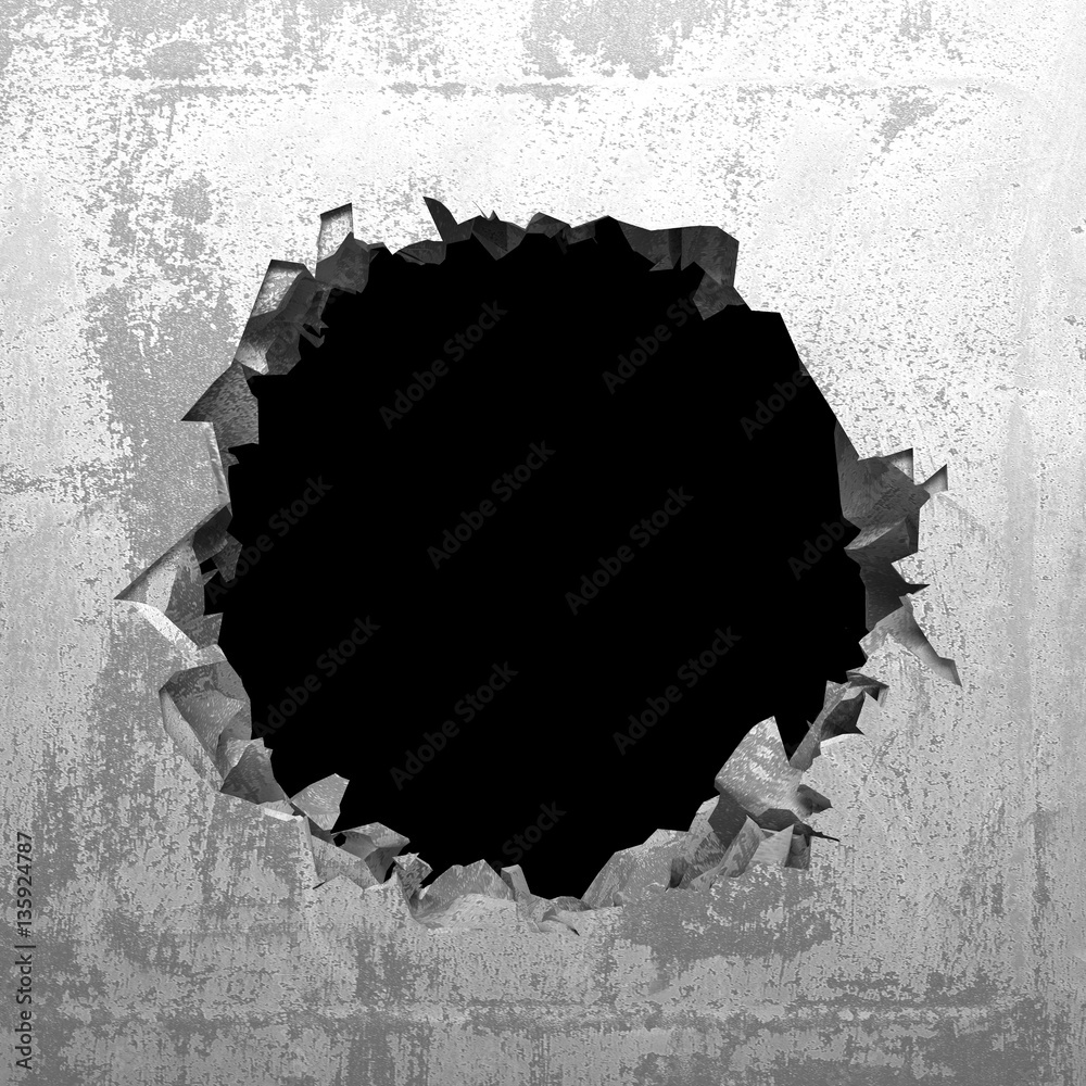 Explosion hole in concrete cracked wall. Industrial background Stock ...