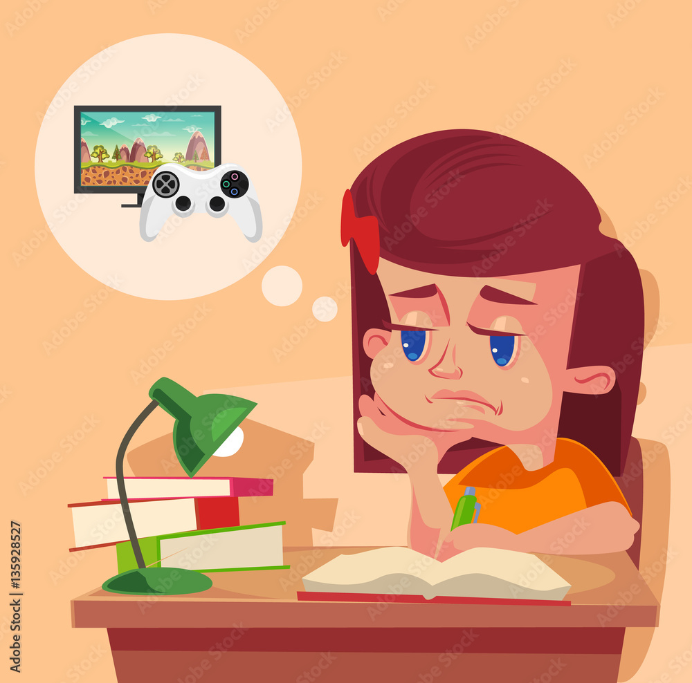 School girl child character do not want to do homework. Vector flat ...