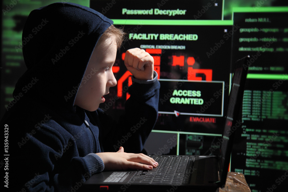 Young schoolboy prodigy - a hacker. Gifted student enters into the ...