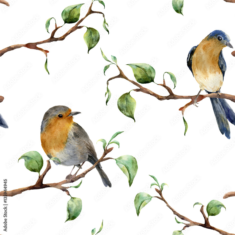 Watercolor pattern with tree branches and birds. Hand painted spring ...