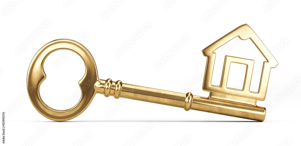 Gold House Key isolated on white. 3d illustration Stock Illustration ...