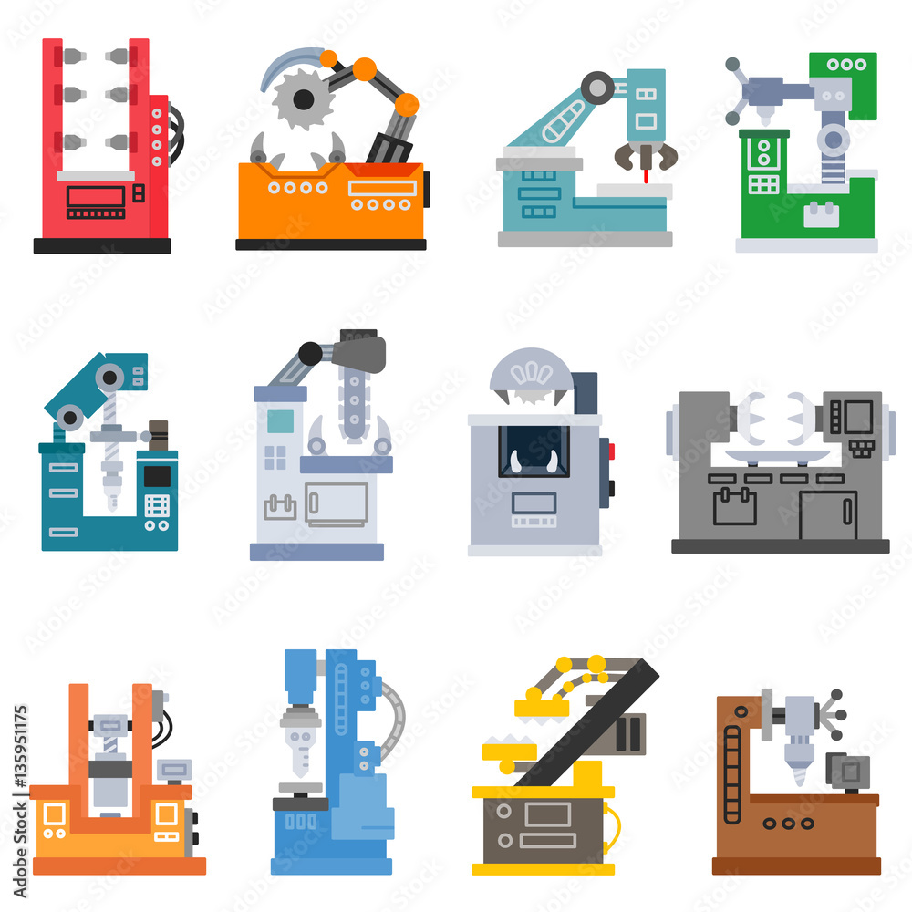 machines for production icons set. Machine for the processing of ...