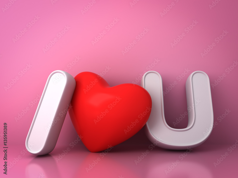 3d I love you concept with red heart on pink background with reflection ...
