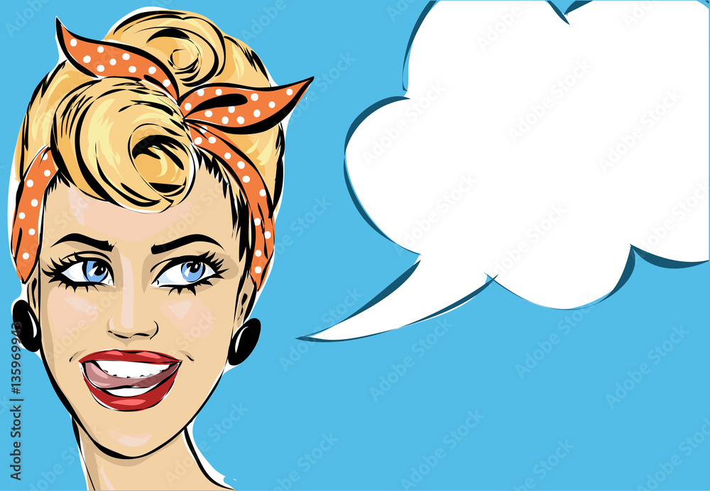 Pin up style smiling woman portrait with speech bubble, pop art girl ...