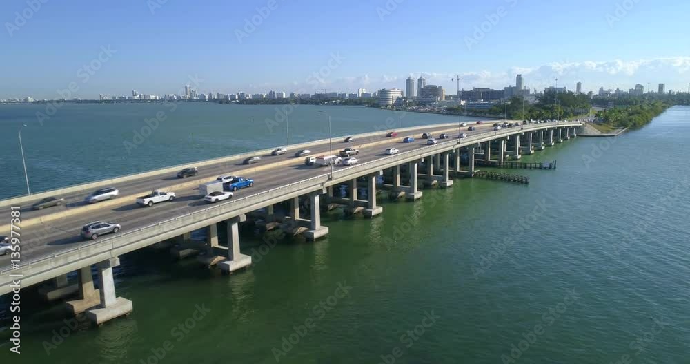 Aerial video footage of the Julia Tuttle Causeway from Miami to Miami ...