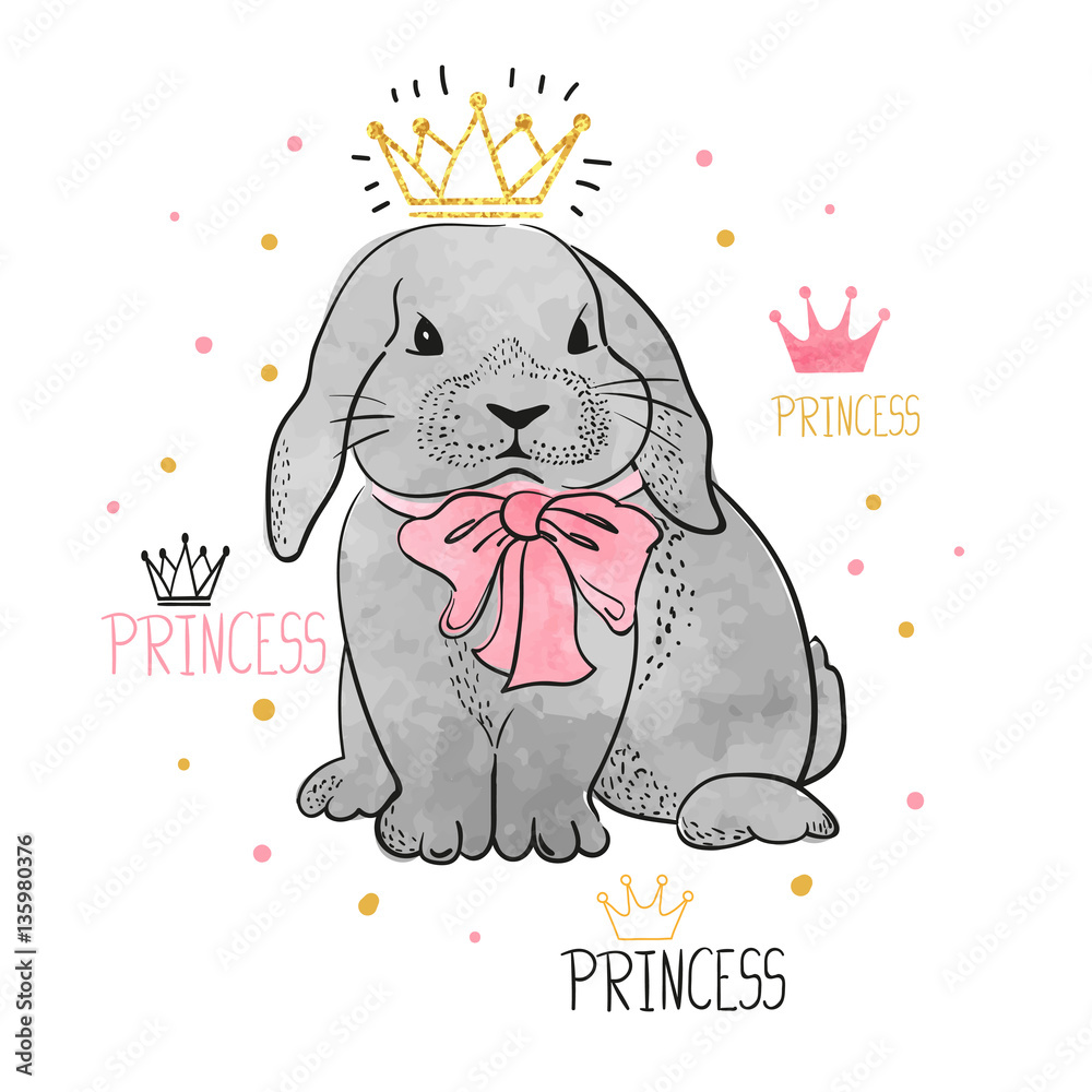 Cute little princess rabbit. Watercolor vector illustration for kids ...