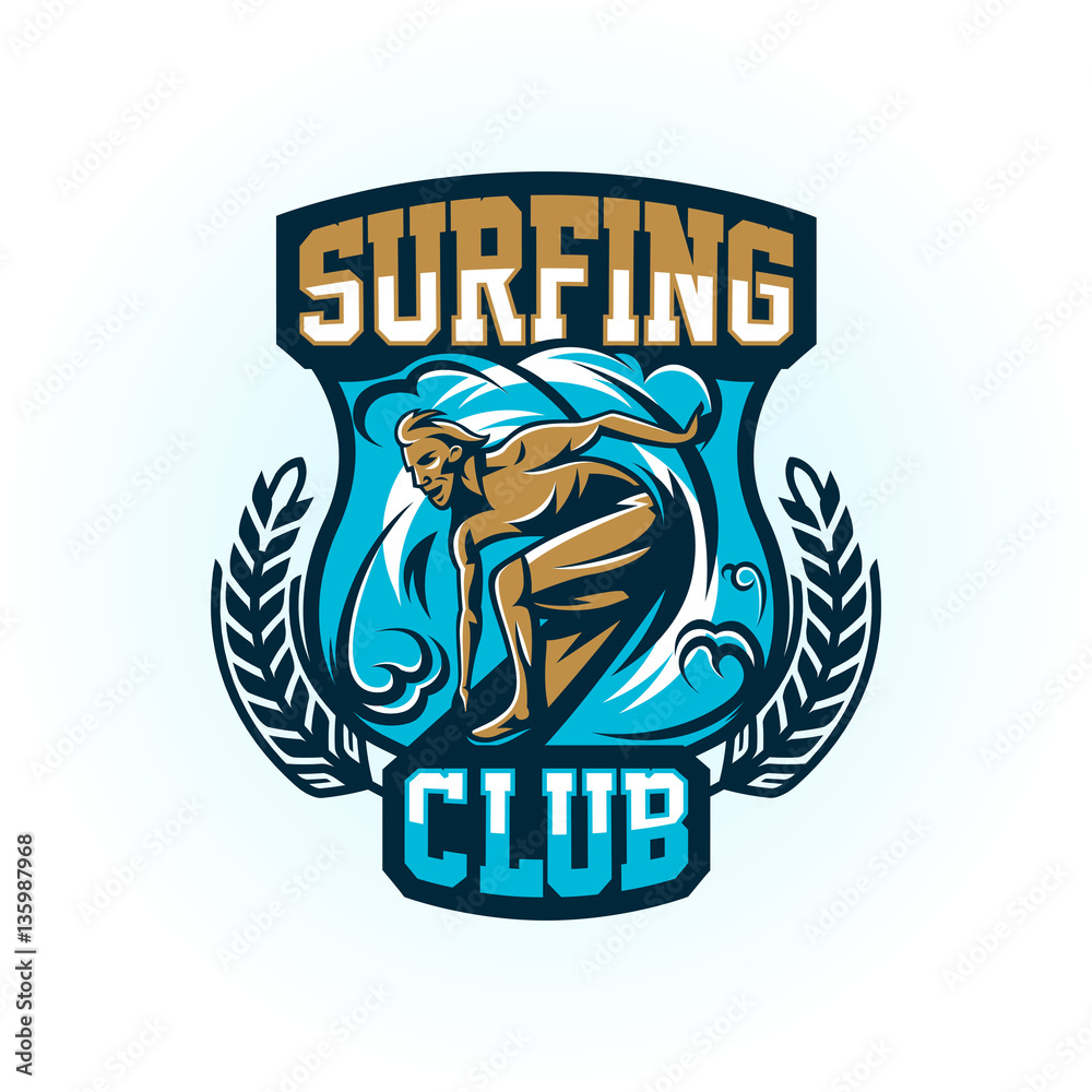 Logo on surfing. The emblem of male surfer on the board. Beach, waves ...