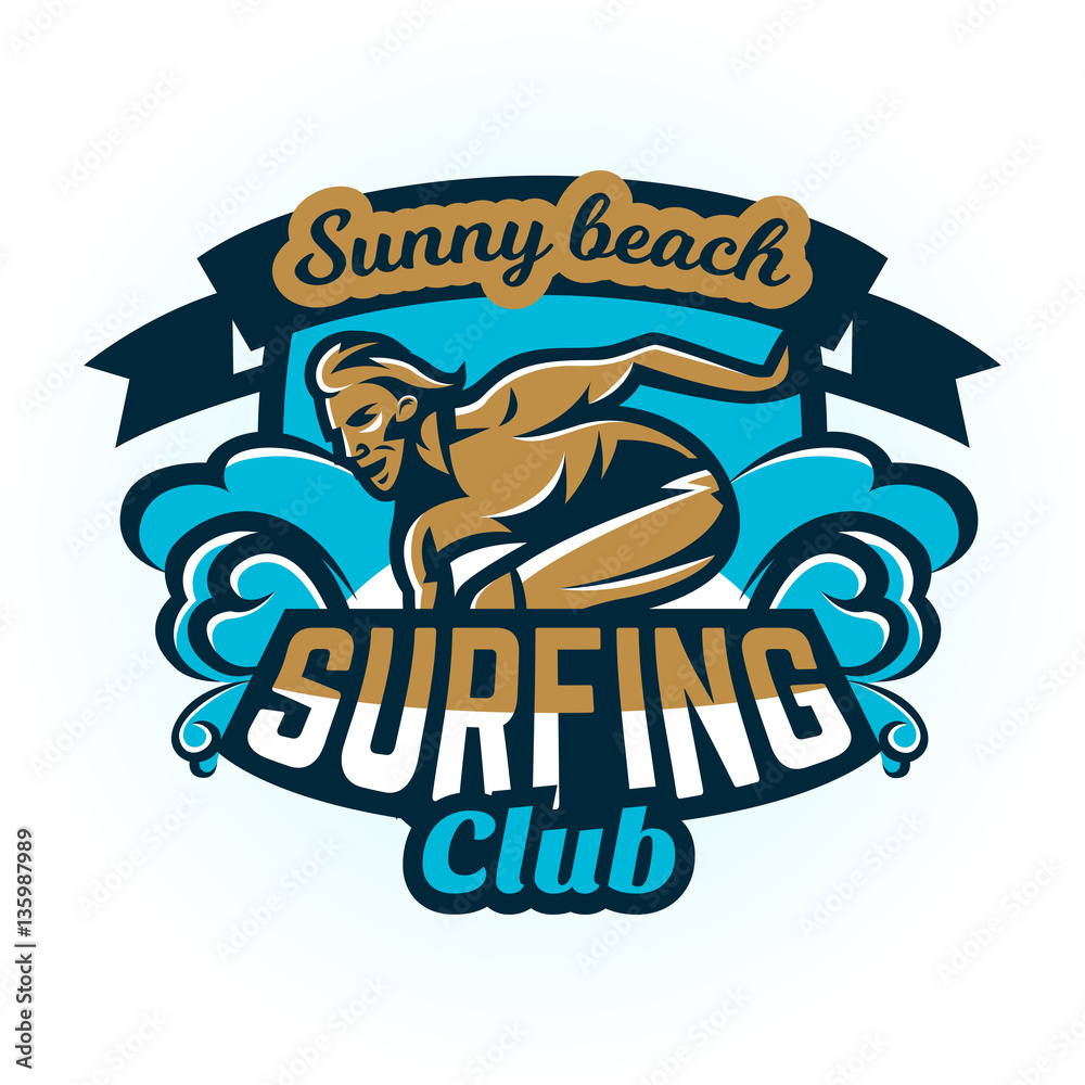 Logo on surfing. The emblem of male surfer on the board. Beach, waves ...