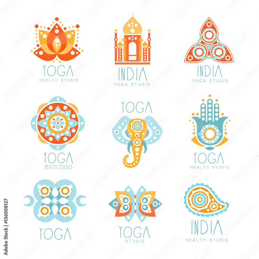 Indian Yoga Studio Set Of Colorful Promo Sign Design Templates With ...