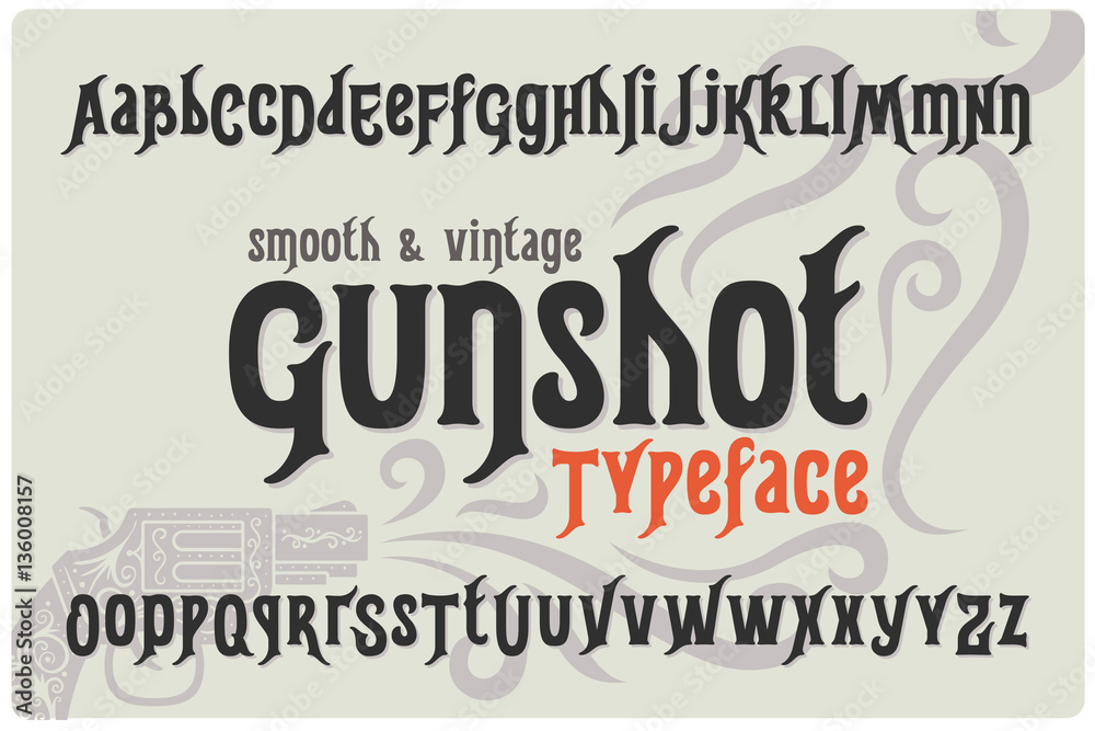 Classic smooth font named "Gunshot Typeface" with ornament illustration ...