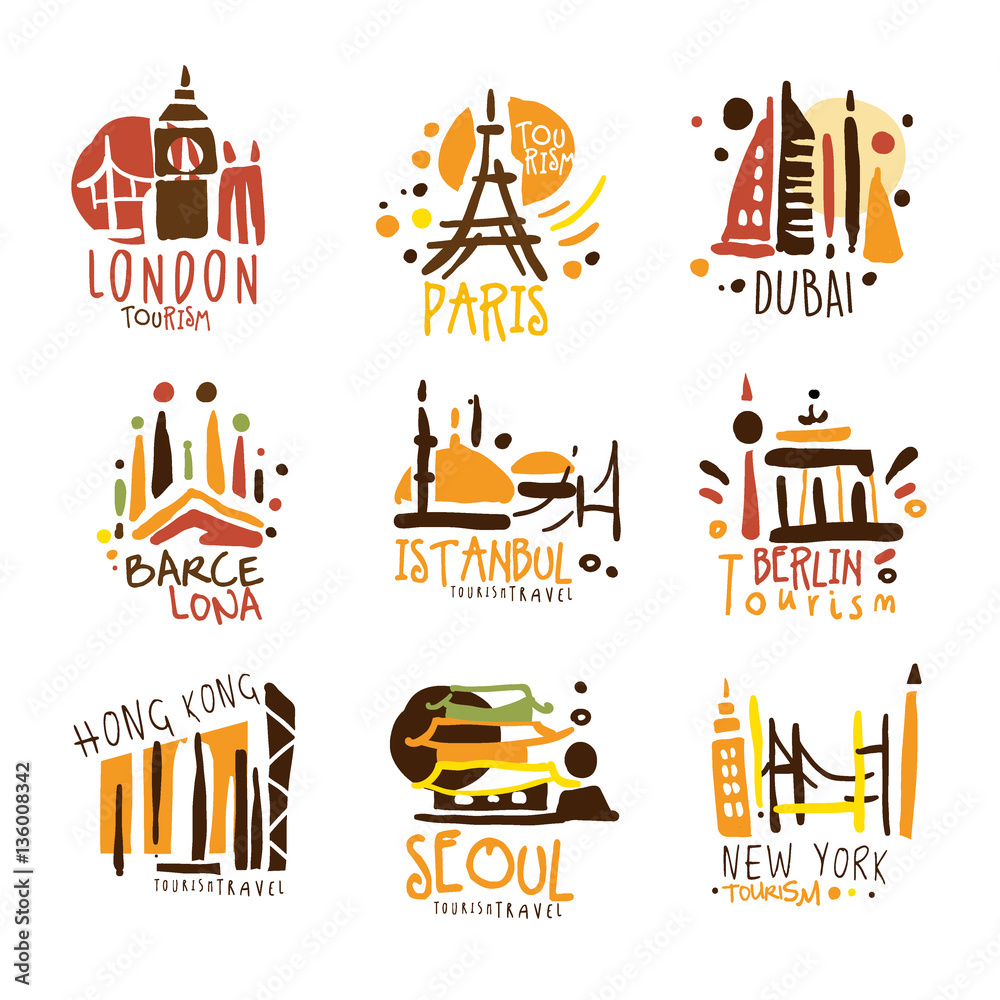 Touristic Travel Agency Set Of Colorful Promo Sign Design Templates ...